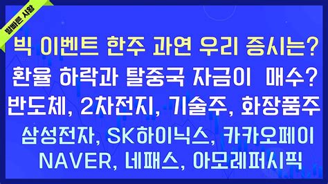 발빠른시황 빅 이벤트 한주 과연 우리 증시는환율 하락과 탈중국 자금이 매수반도체 2차전지 기술주화장품주삼성전자sk