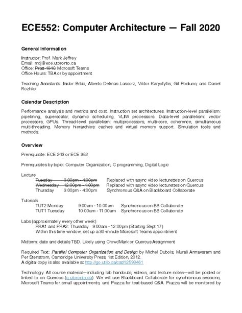 ece552 preliminary syllabus 2020 ece552 computer architecture — fall