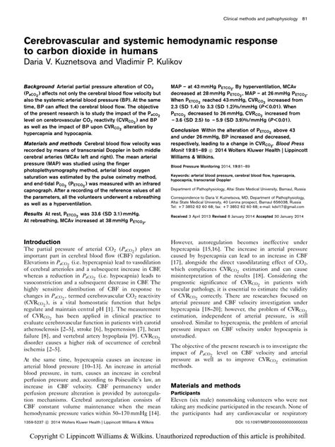 Pdf Cerebrovascular And Systemic Hemodynamic Response To Carbon Dioxide In Humans