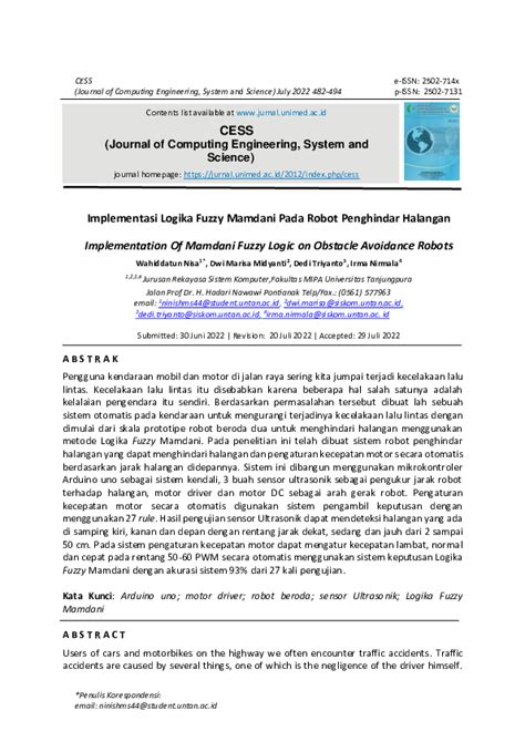 Pdf Implementation Of Mamdani Fuzzy Logic On Obstacle Avoidance Robots