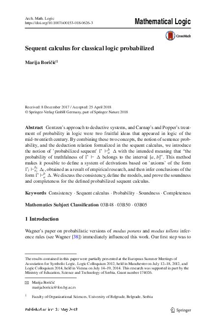 Pdf Sequent Calculus For Classical Logic Probabilized