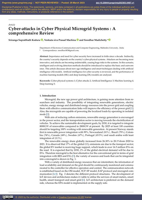 Pdf Cyber Attacks In Cyber Physical Microgrid Systems A Comprehensive Review