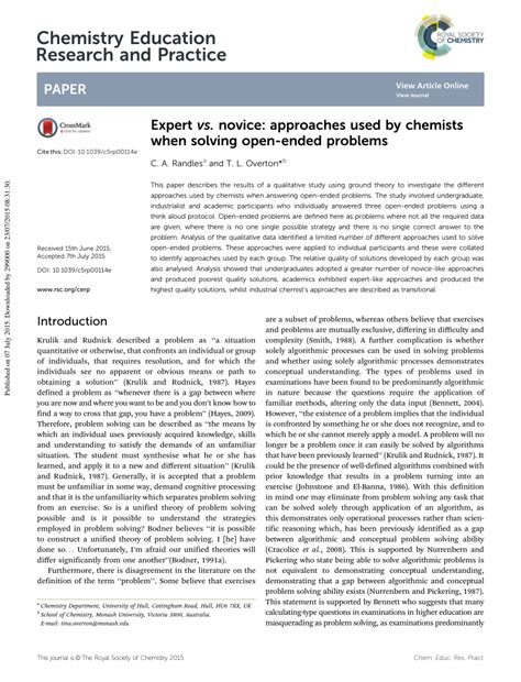 Pdf Expert Vs Novice Approaches Used By Chemists When Solving Open Ended Problems