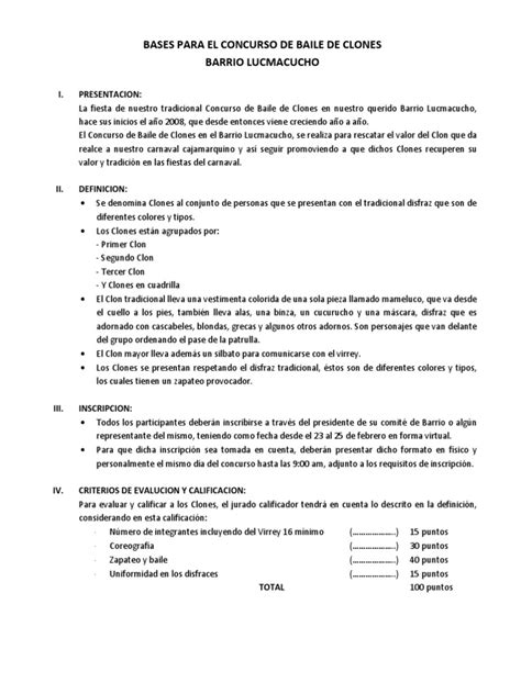 Bases Para El Concurso De Baile De Clone Pdf Carnaval