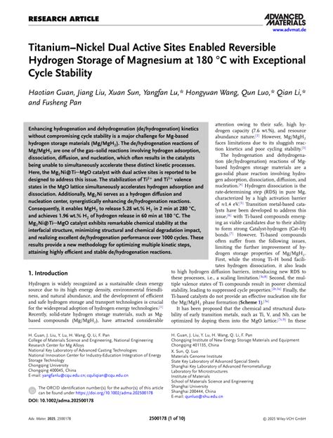 Titanium‒nickel Dual Active Sites Enabled Reversible Hydrogen Storage Of Magnesium At 180 °c