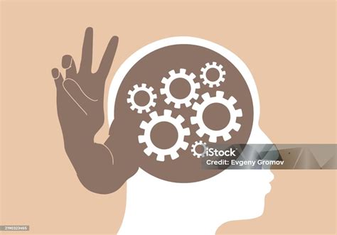 내부에 톱니 바퀴가 달린 인간의 머리 승리 상징에 두 손가락을 위로 올린 손 생산성 효율성 두뇌 기능을 통한 지능 및 지식 개발 생각으로서의 기어 Mental