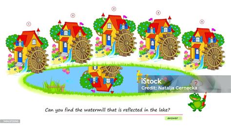 어린이와 성인을 위한 논리 퍼즐 게임 호수에 반사된 물레방아를 찾을 수 있습니까 수수께끼 책 페이지입니다 아이들의 공간적 사고를 개발합니다 세심함을위한 작업 0명에 대한