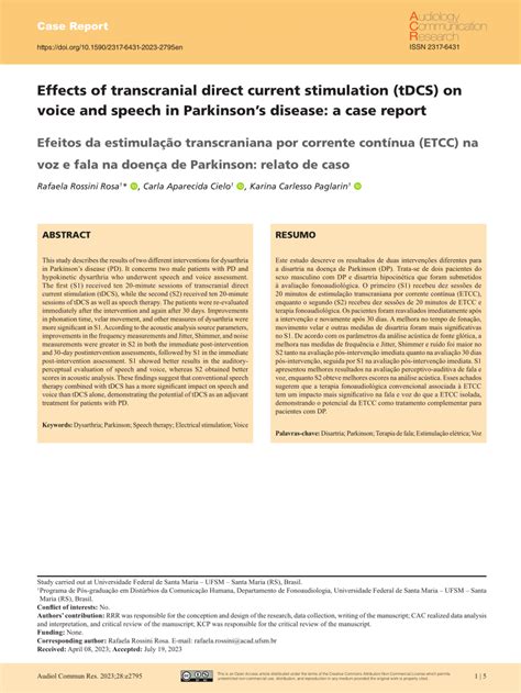 Pdf Effects Of Transcranial Direct Current Stimulation Tdcs On Voice And Speech In Parkinson