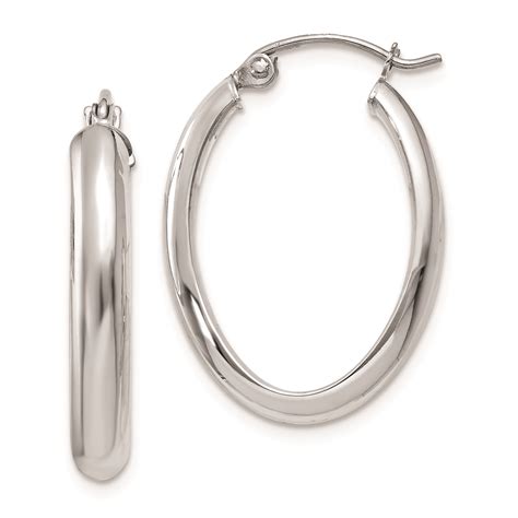 14k White Gold Polished 35mm Oval Hoop Earrings Unclaimed Diamonds