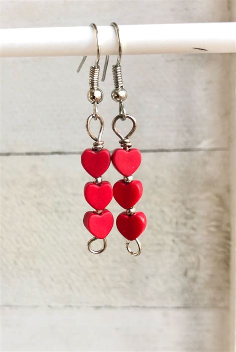 Small Heart Stacked Earrings Red Heart Beaded Earrings Minimalist