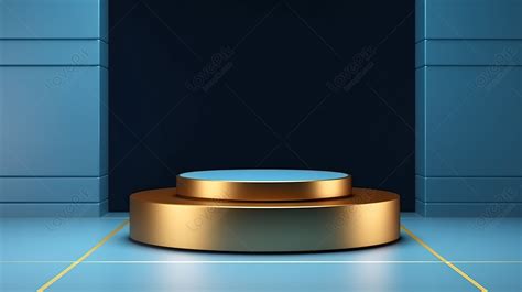 제품 홍보를 위한 3d 렌더링된 파란색 및 금색 연단 스탠드가 있는 현대적인 배경 블루 골드 배경 연단 배경 현대적 배경