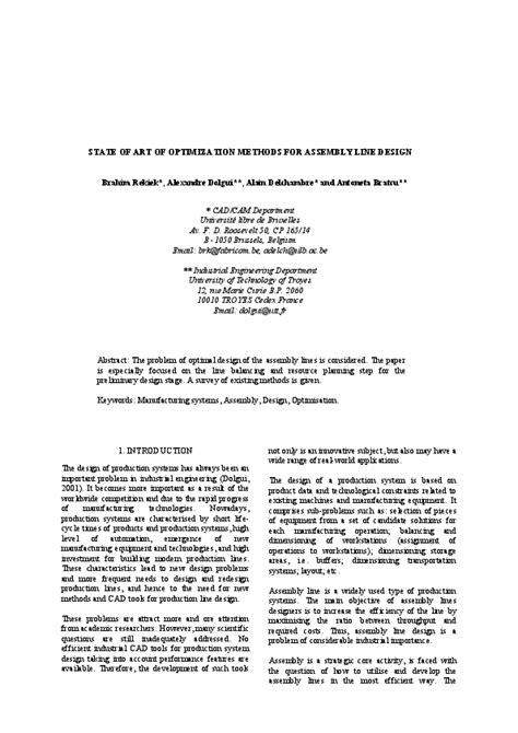 State Of Art Of Optimization Methods For Assembly Line Design