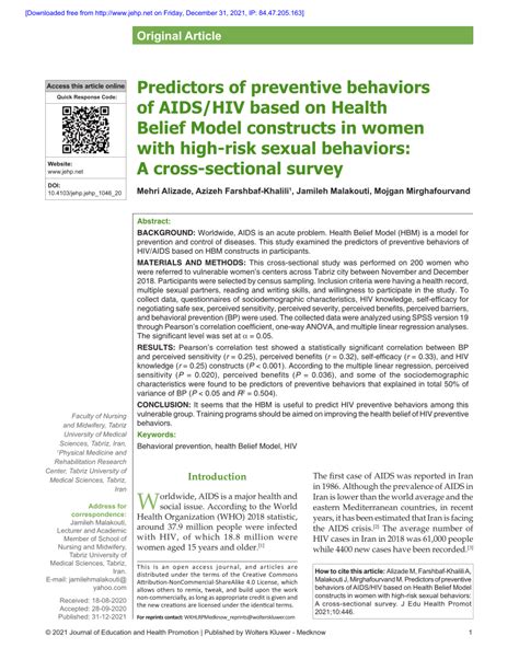PDF Predictors Of Preventive Behaviors Of AIDS HIV Based On Health Belief Model Constructs In