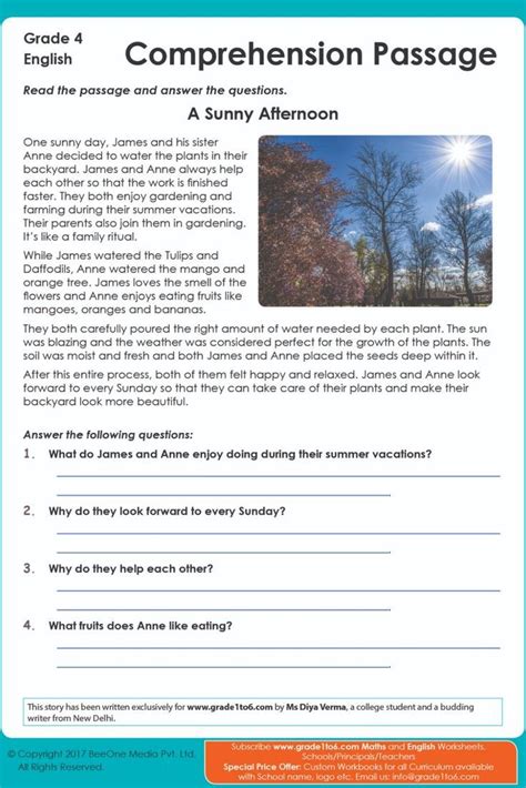 Reading Comprehension Grade 4 Worksheets Reading Comprehension Grade 4 Worksheets
