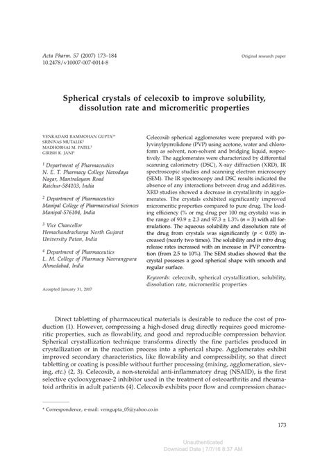 Pdf Spherical Crystals Of Celecoxib To Improve Solubility