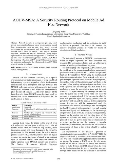 pdf aodv msa a security routing protocol on mobile ad hoc network