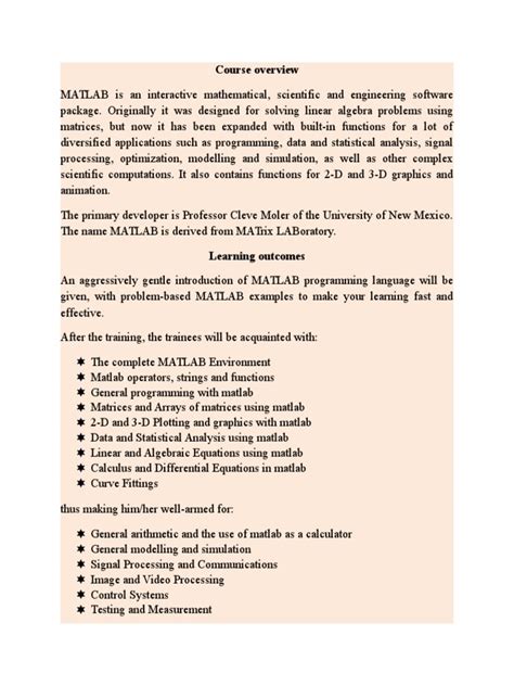 Matlab Course Overview 1 Pdf Matlab Matrix Mathematics