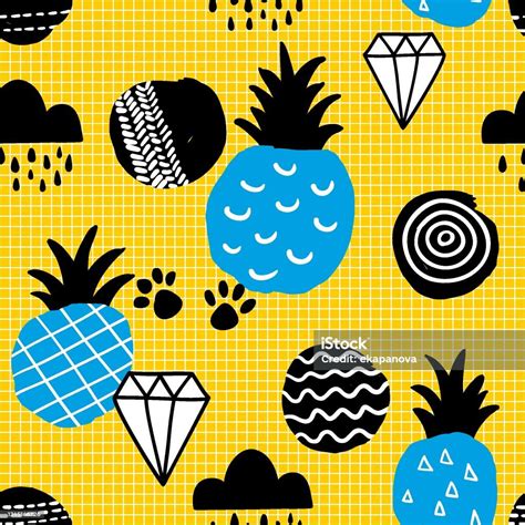 스트라이프 옐로우 배경에 파란색 파인애플이 있는 매끄러운 패턴 0명에 대한 스톡 벡터 아트 및 기타 이미지 0명 과일 낙서 드로잉 Istock
