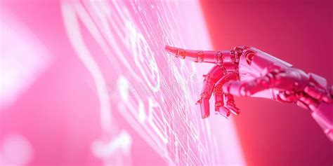 Humanoid Robot Hand Interacting With Digital Interface In Pink Light Stock Illustration