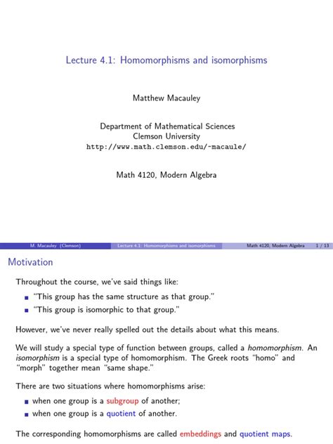 Lecture 4 1 Homomorphisms And Isomorphisms Matthew Macauley Download Free Pdf Group