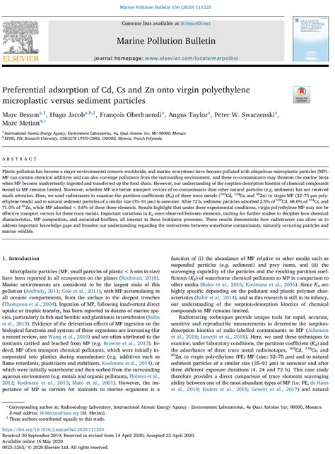 Preferential Adsorption Of Cd Cs And Zn Onto Virgin Polyethylene Microplastic Versus Sediment