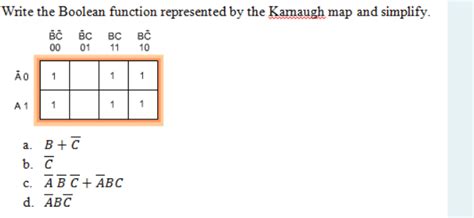 solved write the boolean function represented by the kamaugh