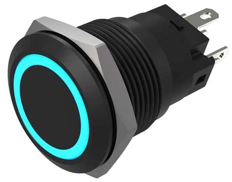 Illuminated Pushbutton Maintained 19mm Alu Black Flush Ring Blue