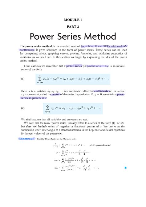 Module 1 Part 2 Power Series Method Module 1 Part 2 Power Series