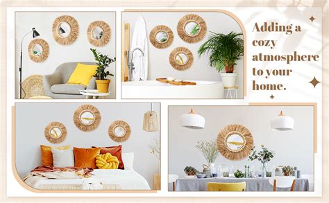 Gulfmew 3 Pcs Boho Raffia Mirror Wall Hanging Decor 158