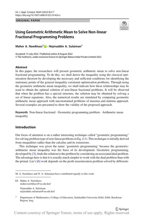 Using Geometric Arithmetic Mean To Solve Non Linear Fractional Programming Problems Request Pdf