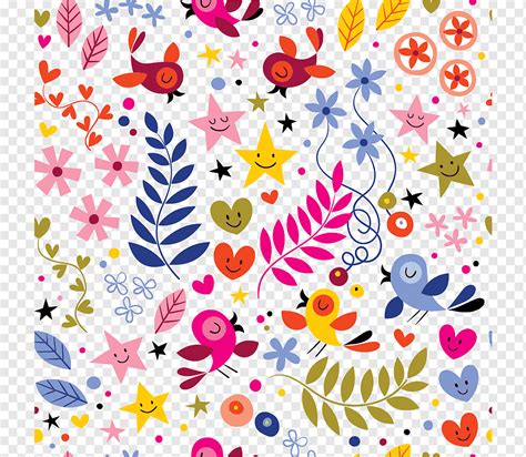 핑크 노랑 파랑 및 빨강 별과 꽃 패턴 아트 워크 조류 유클리드 스타 일러스트 귀여운 만화 원활한 음영 만화 캐릭터 잎 사진 Png Pngwing