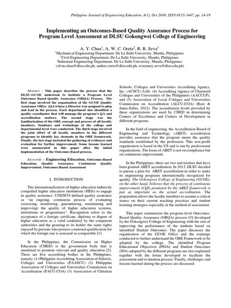 Implementing An Outcomes Based Quality Assurance Process For Program