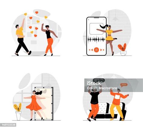 사람들은 캐릭터 세트로 개념을 춤추고 있습니다 장면 모음 남자와 여자는 디스코텍과 집에서 춤을 추고 새로운 동작을 배우고 모바일 앱으로 훈련합니다 평면 웹 디자인의 벡터