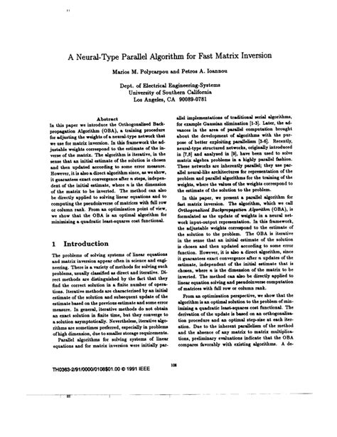 Pdf A Neural Type Parallel Algorithm For Fast Matrix Inversion