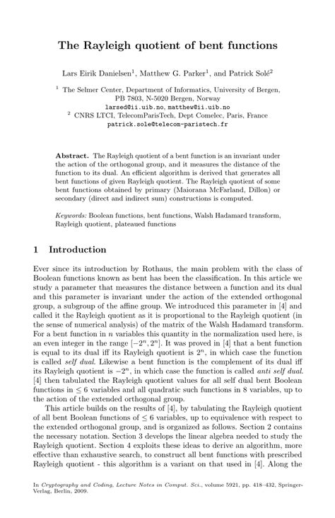 Pdf The Rayleigh Quotient Of Bent Functions