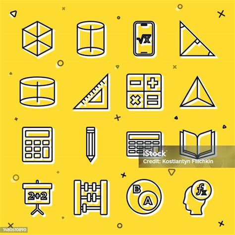 선 설정 함수 수학 기호 열린 책 기하학적 그림 사면체 X 글리프의 제곱근 삼각형 눈금자 원통 큐브 및 계산기 아이콘 벡터 0명에 대한 스톡 벡터 아트 및 기타 이미지