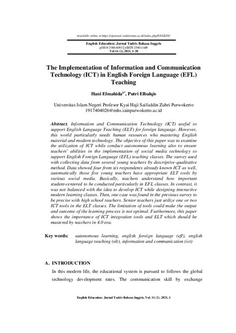 Pdf The Implementation Of Information And Communication Technology Ict In English Foreign