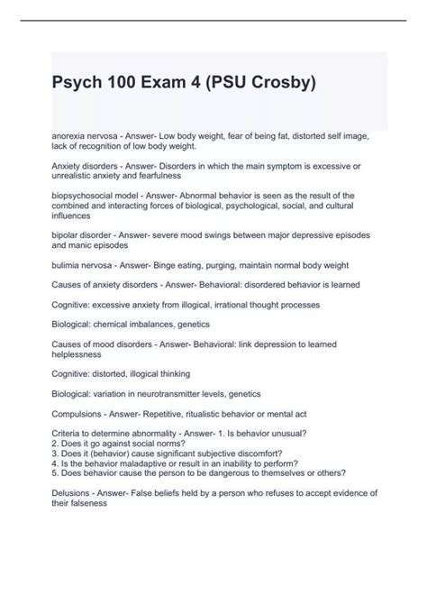 Psych 100 Exam 4 Psu Crosby Questions And Answers Psu Psych 100