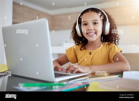 learning typing and girl on laptop with headphones on internet class