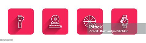 라인 캘리퍼 또는 캘리퍼스 및 스케일 직경 조각 원 및 긴 그림자가있는 손목 시계를 설정합니다 빨간색 사각형 버튼 벡터 0명에 대한 스톡 벡터 아트 및 기타 이미지 Istock