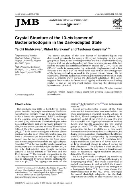 Pdf Crystal Structure Of The 13 Cis Isomer Of Bacteriorhodopsin In The Dark Adapted State