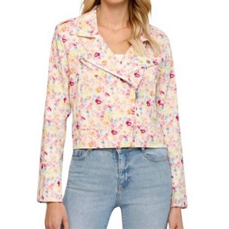 Designer Fate By Lfd Linen Print Floral Moto Jacket In Cream Multi