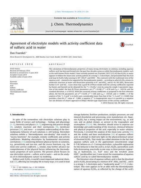 Pdf Agreement Of Electrolyte Models With Activity Coefficient Data Of Sulfuric Acid In Water