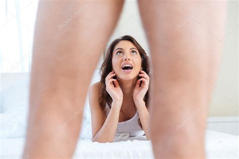 Surprised Shocked Woman Lying Bed Looking Scared Men S Genital Stock Photo Vadymvdrobot