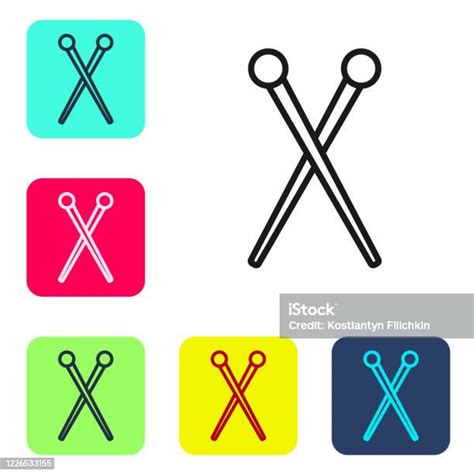 흰색 배경에 격리 된 검은 색 선 뜨개질 바늘 아이콘입니다 수제 뜨개질 또는 재단사 상점 라벨 색상 정사각형 버튼으로 아이콘을 설정합니다 벡터 일러스트레이션 개념에 대한