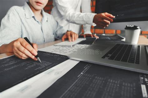 Developing Programmer Team Reading Computer Codes Development Website Design And Coding