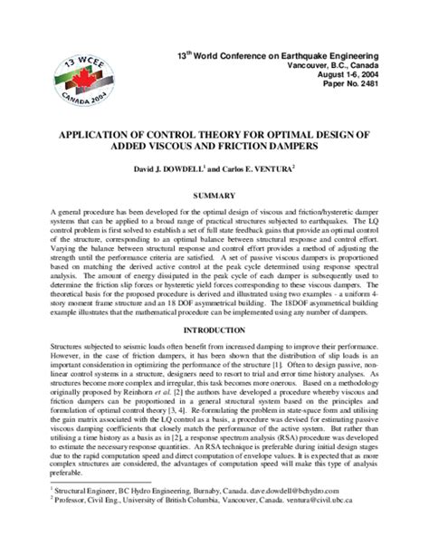 Pdf Application Of Control Theory For Optimal Design Of Added Viscous And Friction Dampers