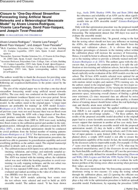Closure To “one Day Ahead Streamflow Forecasting Using Artificial Neural Networks And A