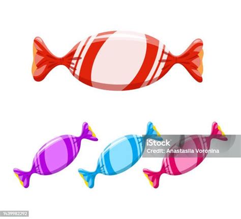 Bright Striped Hard Candy In Wrapper Set Oval Multicolored Candies