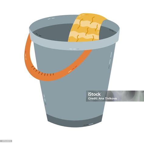 바닥을 씻고 아파트를 청소하기 위해 헝겊이 있는 귀여운 만화 플라스틱 양동이 젖은 청소를 위한 피복이 있는 손으로 그린 양동이 흰색 배경에 고립 된 먼지와 흙에서 재미있는